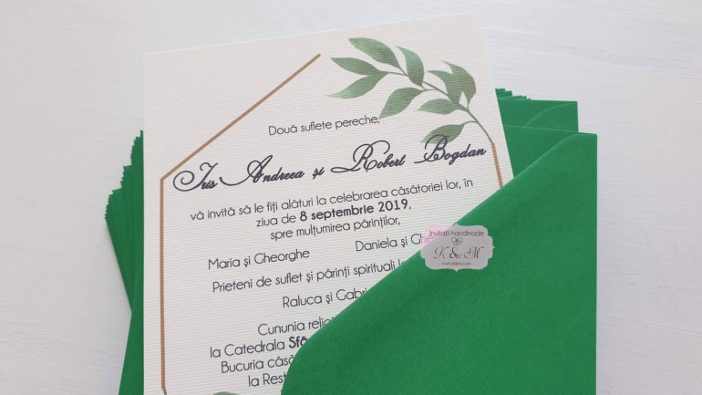 Invitatii de nunta cu chenar geometric, plic personalizat si frunze ...