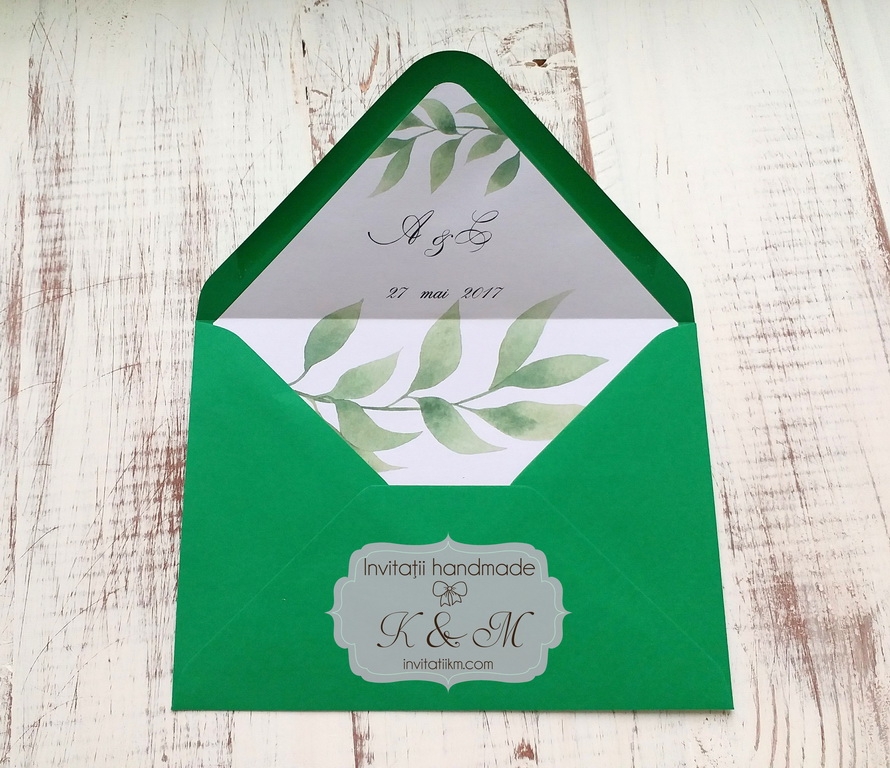 Invitatii de nunta cu chenar geometric, plic personalizat si frunze ...