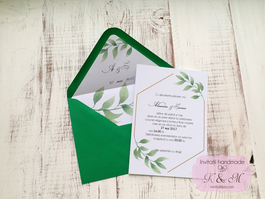 Invitatii de nunta cu chenar geometric, plic personalizat si frunze ...