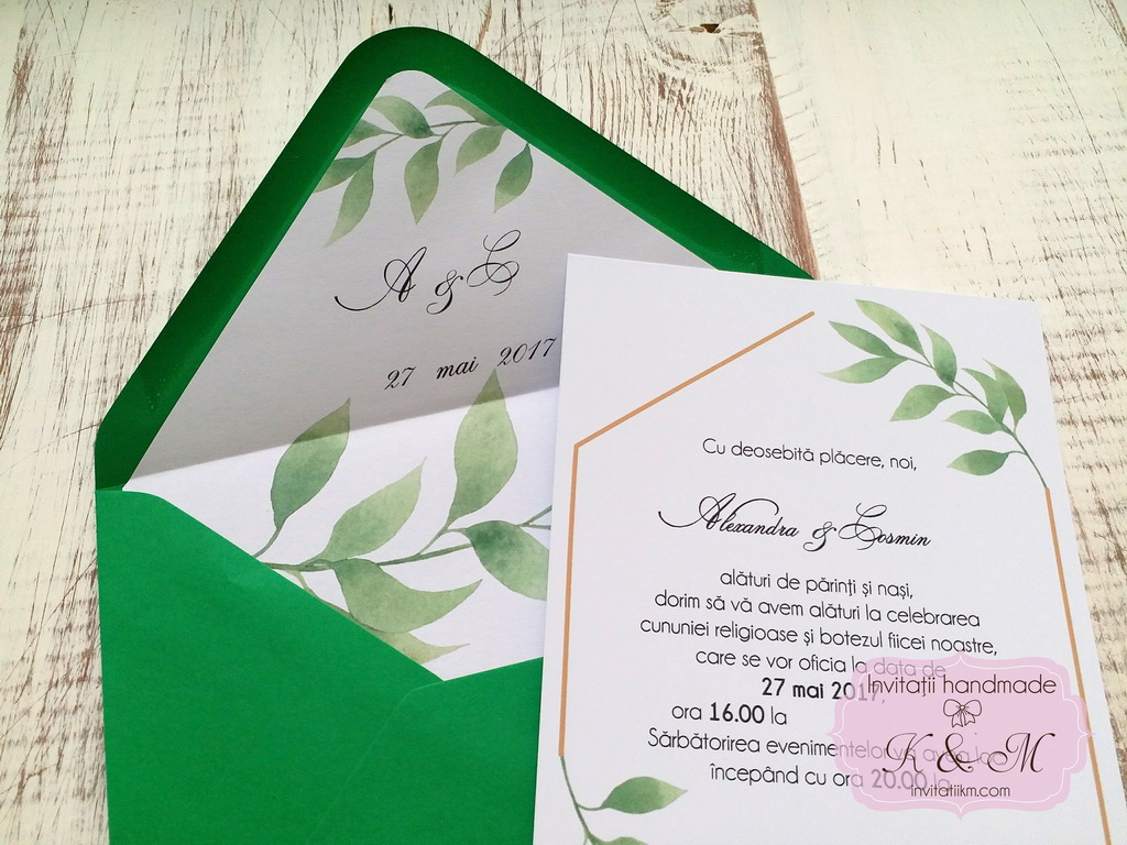 Invitatii de nunta cu chenar geometric, plic personalizat si frunze ...