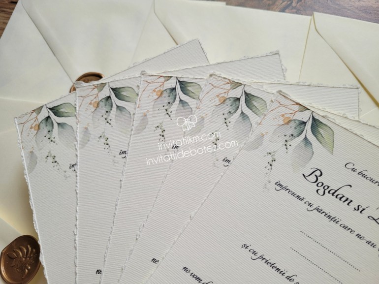 Invitatii de nunta cu verdeata/eucalipt si sigiliu – Invitatii K & M