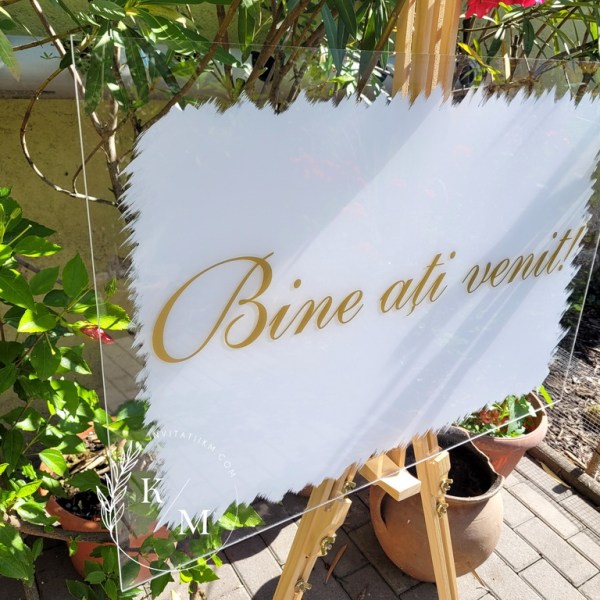 Panou nunta “Bine ati venit”, panou bun venit la nunta alb si auriu ...
