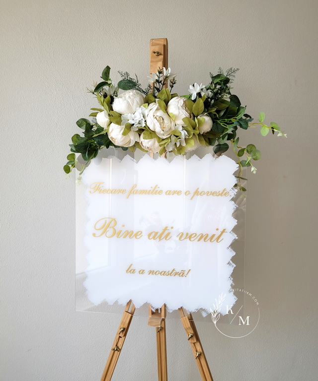 Panou nunta Bine ati venit, panou bun venit la nunta alb si auriu ...