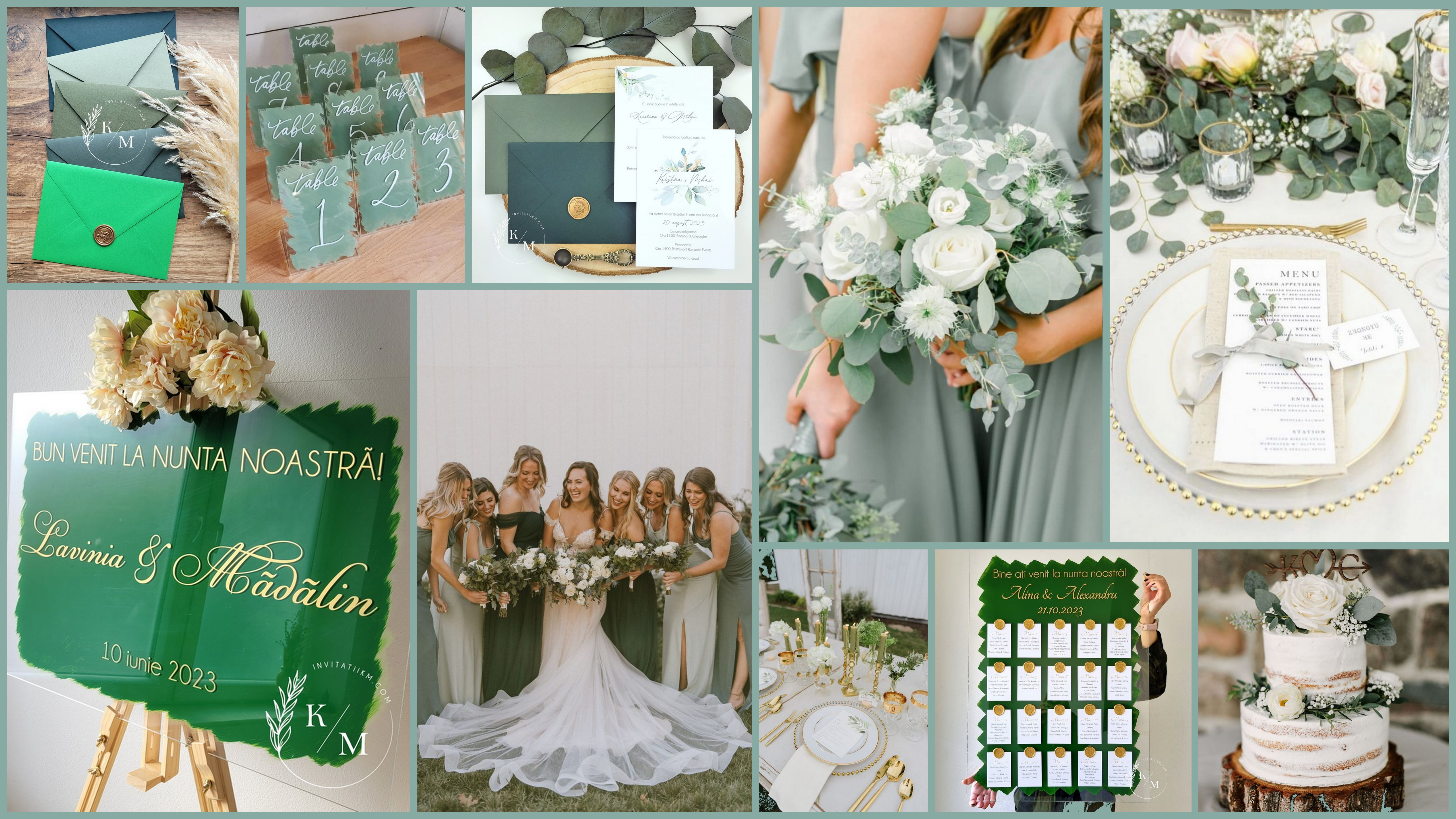 Inspiratie pentru o nunta in verde, alb si putin auriu – Invitatii K & M