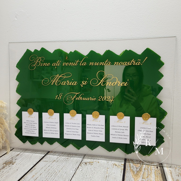 Lista asezare invitati, opis, panou bun venit nunta verde si auriu ...