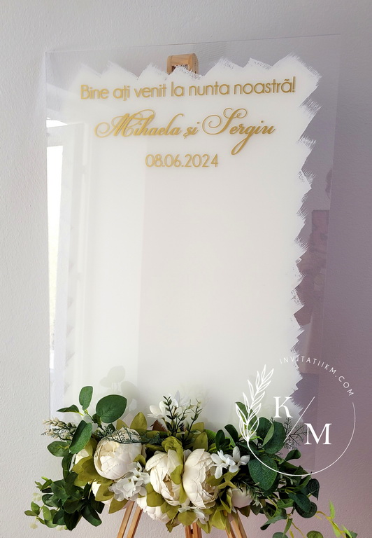 Panou Bine ati venit la nunta alb si auriu cu Liste asezare invitati ...