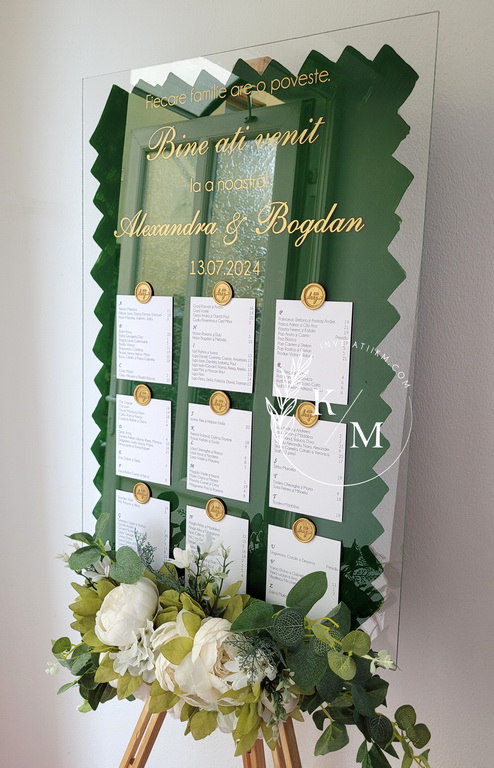 Liste asezare invitati la mese si panou din plexiglas verde si auriu ...