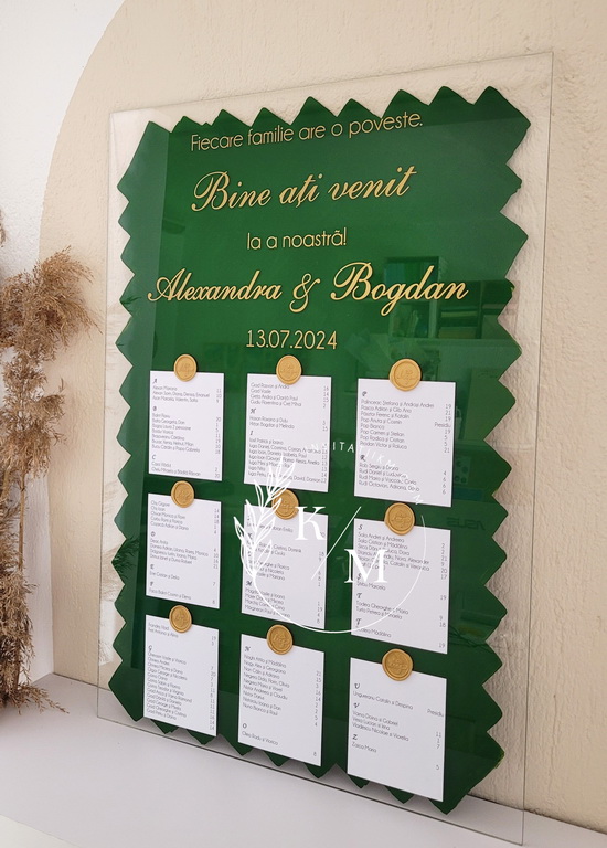 Liste asezare invitati la mese si panou din plexiglas verde si auriu ...