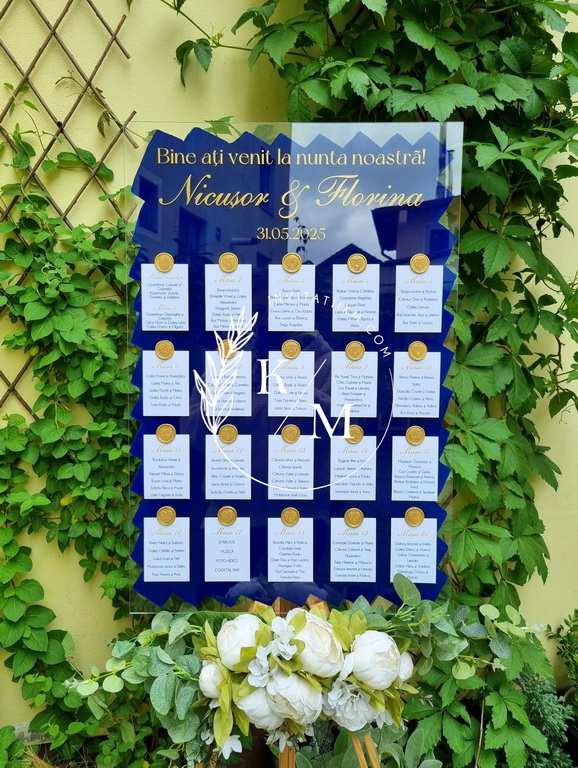 Panou plexiglas cu liste asezare invitati la nunta albastru royal si ...